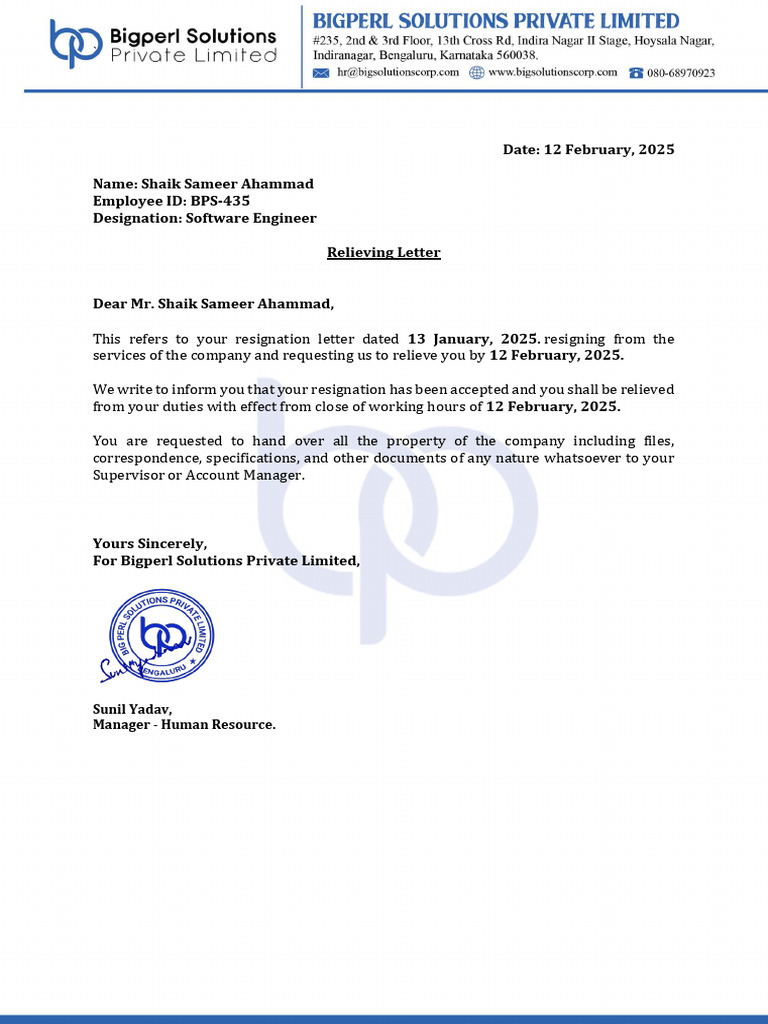 Bigperl Solutions Relieving Letter | PDF