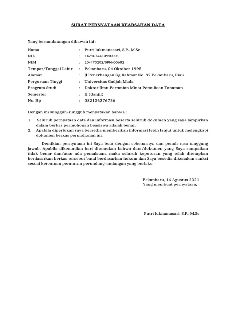 Contoh Format Surat Keabsahan Data | PDF