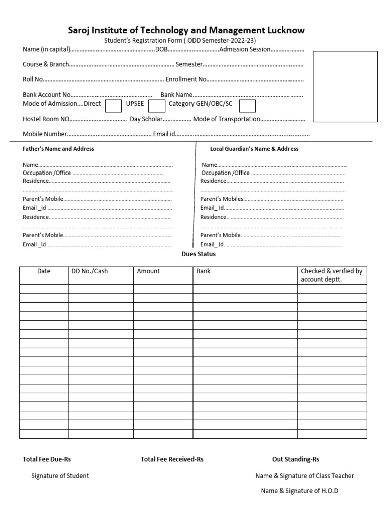 SITM Student Registration Form 2022-23 | PDF