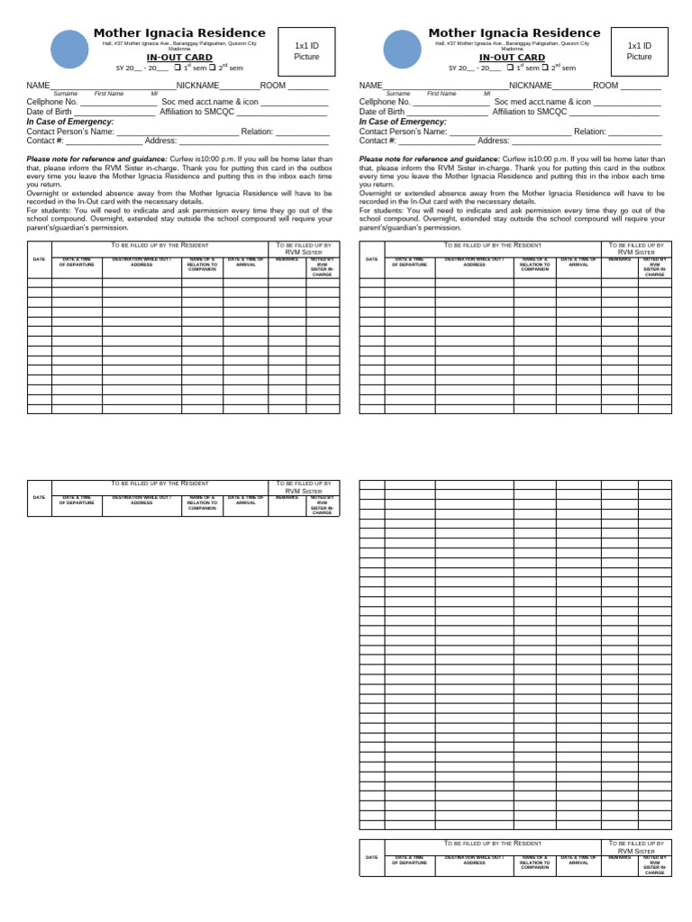 Proposed In-Out Card For MIR Residents | PDF