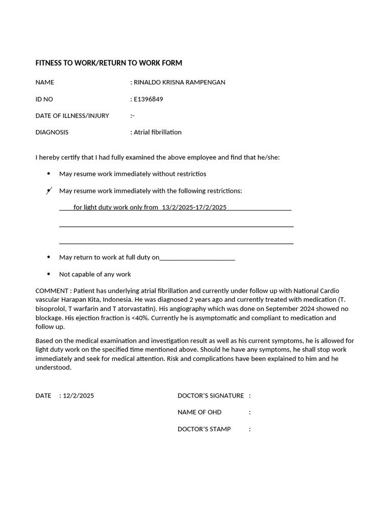 Fit to Work Certification for Rinaldo | PDF