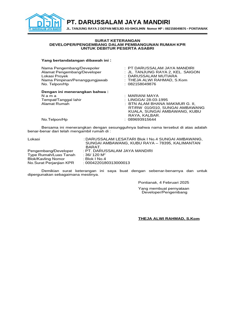 4 - Surat Keterangan Developer-Pengembang Pum KPR | PDF