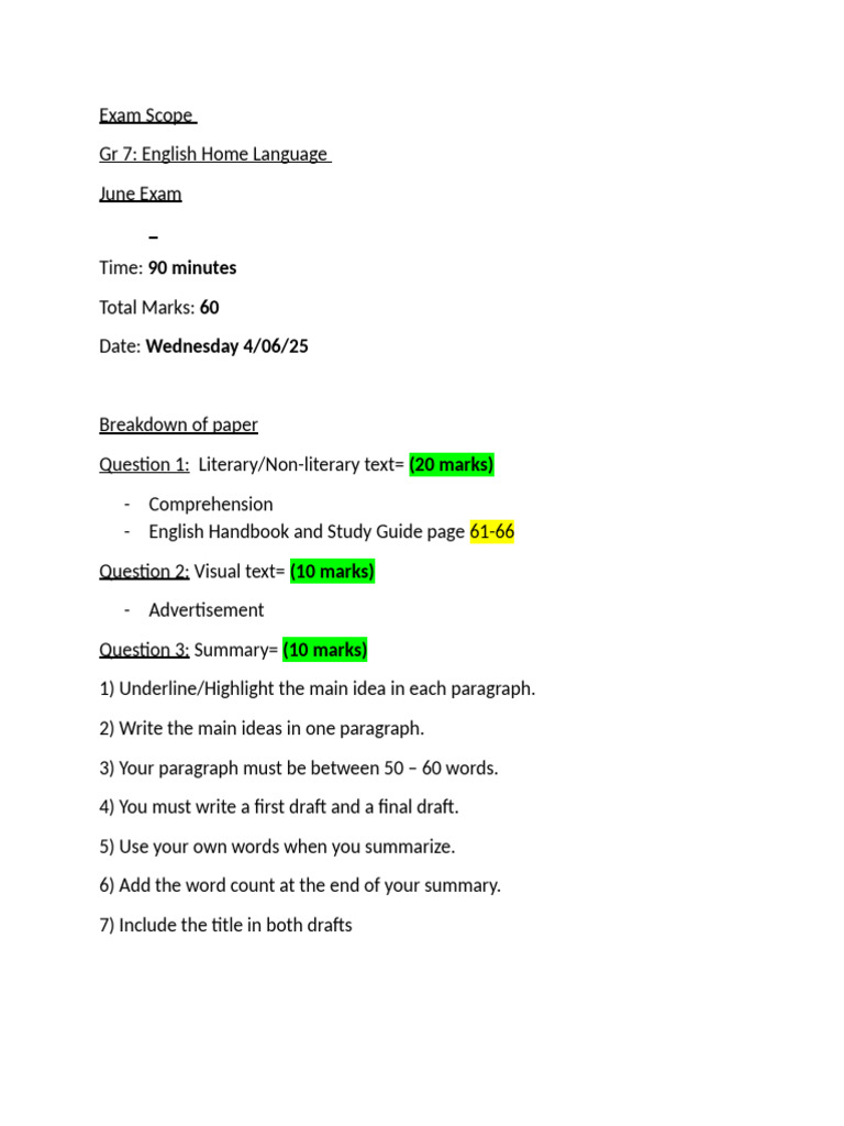 Grade 7 English Exam Scope Term 4 | PDF