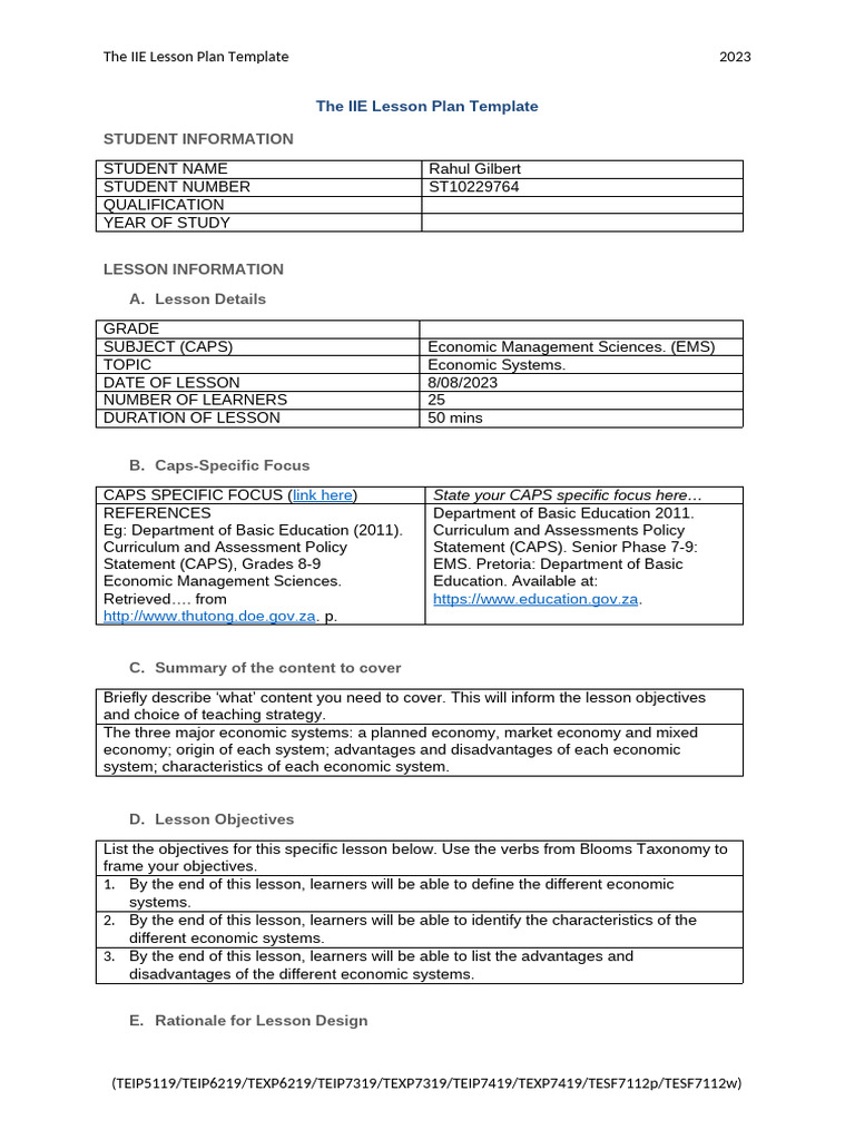 The IIE Lesson Plan Template BS - Observation - Final (Repaired) | PDF ...
