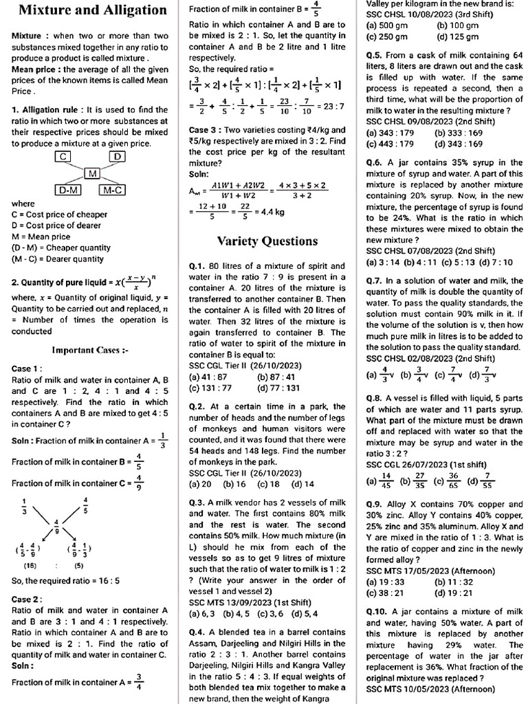 Mixture and Alligation All Previous Year Questions PYQs | PDF
