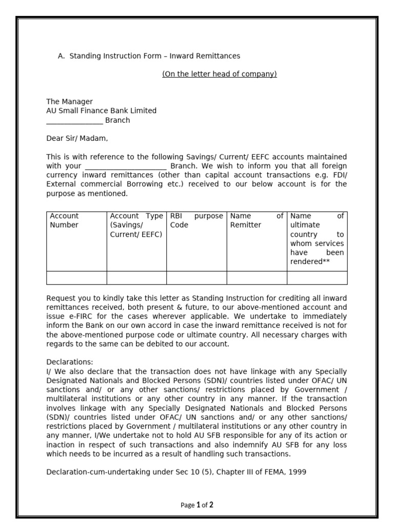 Standing Instruction for Inward Remittances | PDF | Office Of Foreign ...