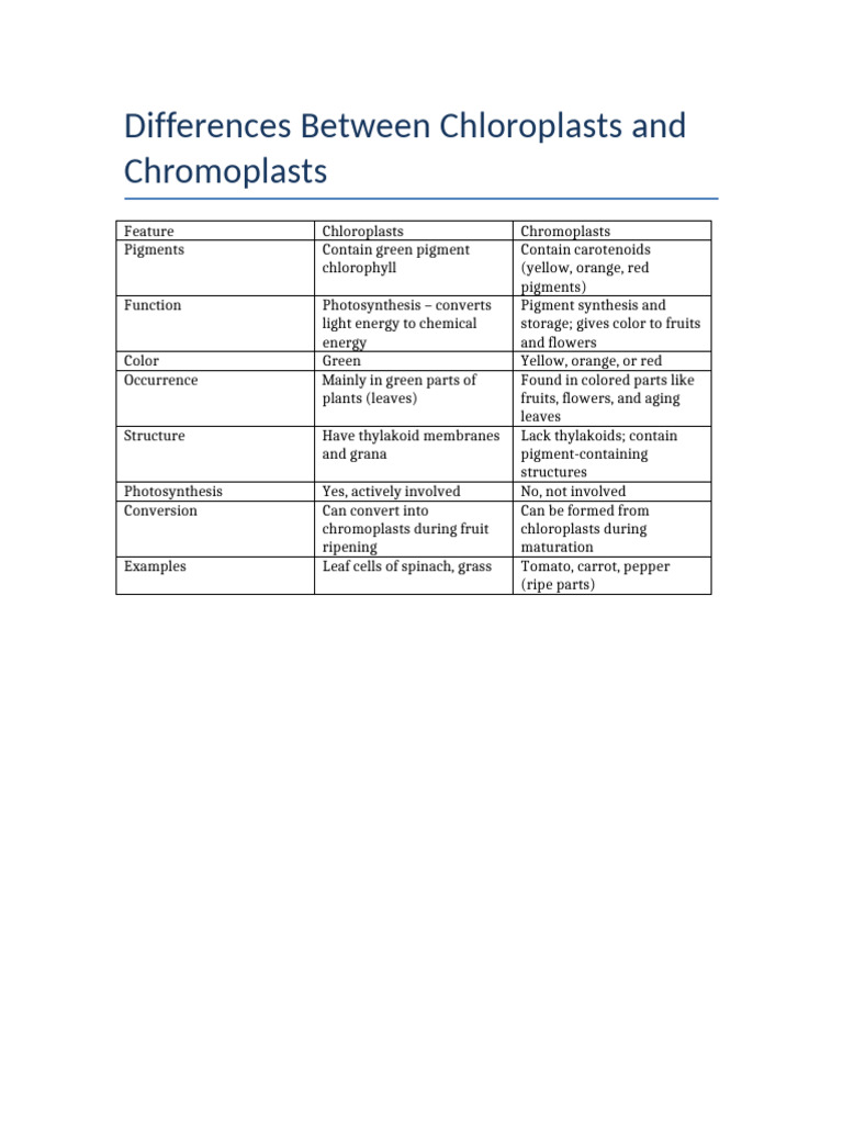 Differences Chloroplasts Vs Chromoplasts | PDF