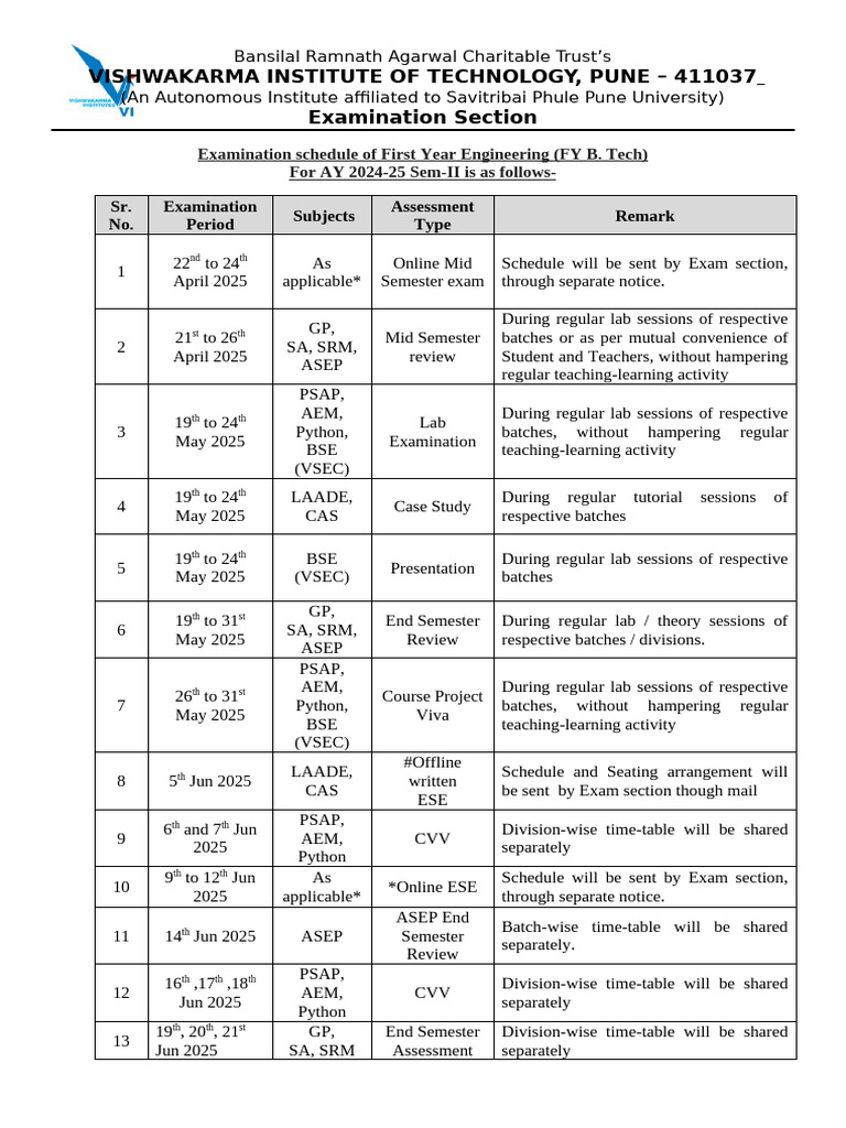FY BTech ESE Schedule of 2024-25 Sem-2 Exams | PDF | Algebra | Engineering