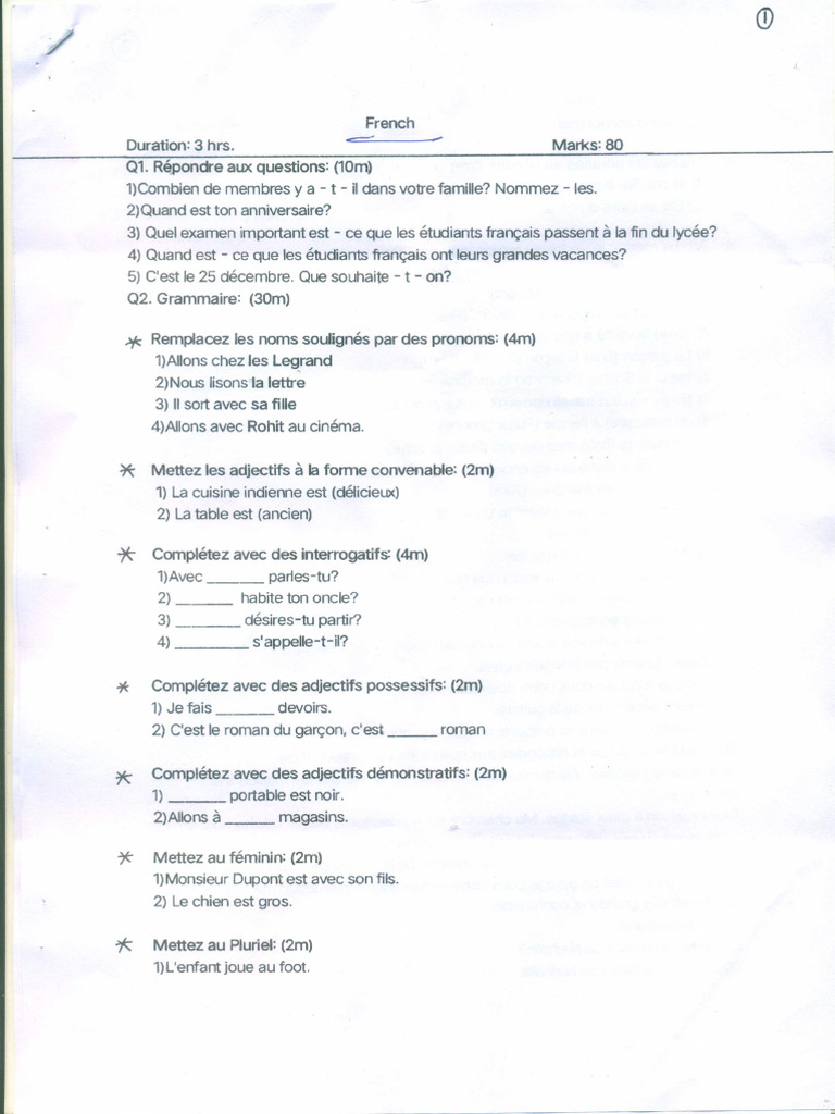 FYJC FINAL EXAM French | PDF