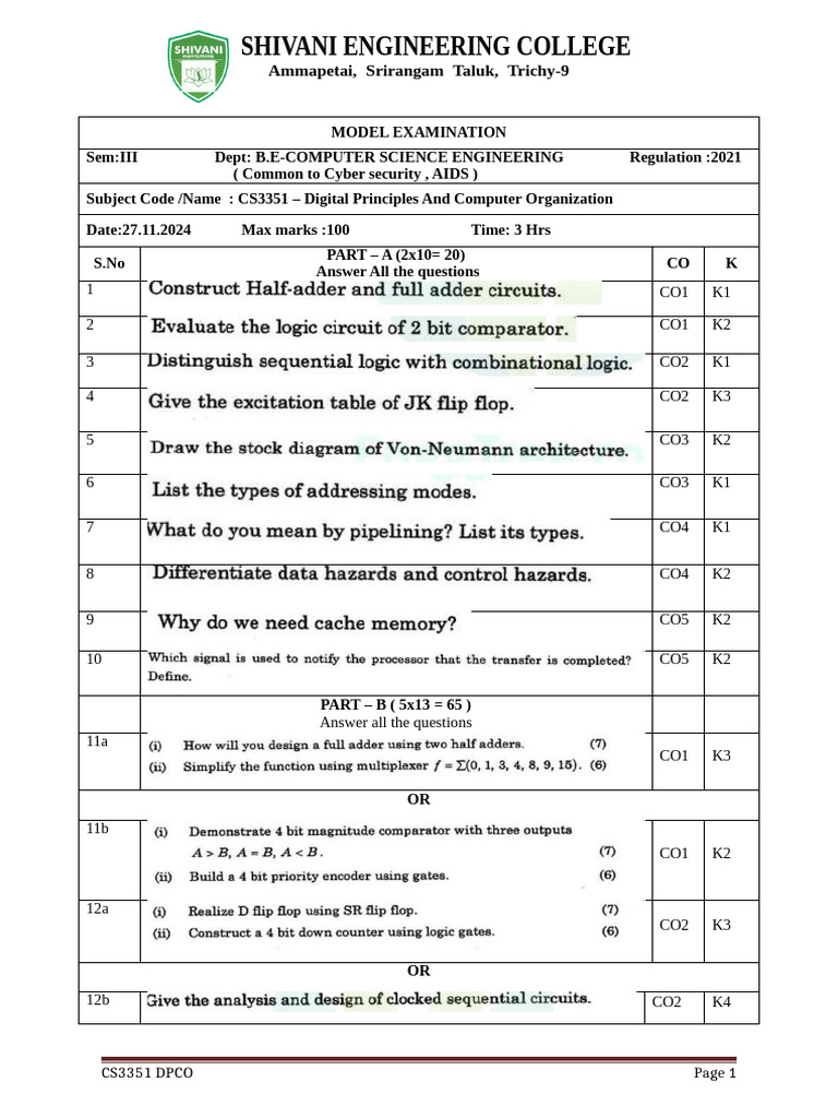 CS3351 - DPCO - CSE Model Exam QP | PDF