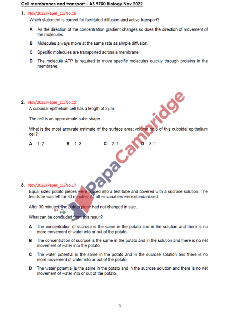 2022N As Cell Membranes and Transport 9700 Biology | PDF