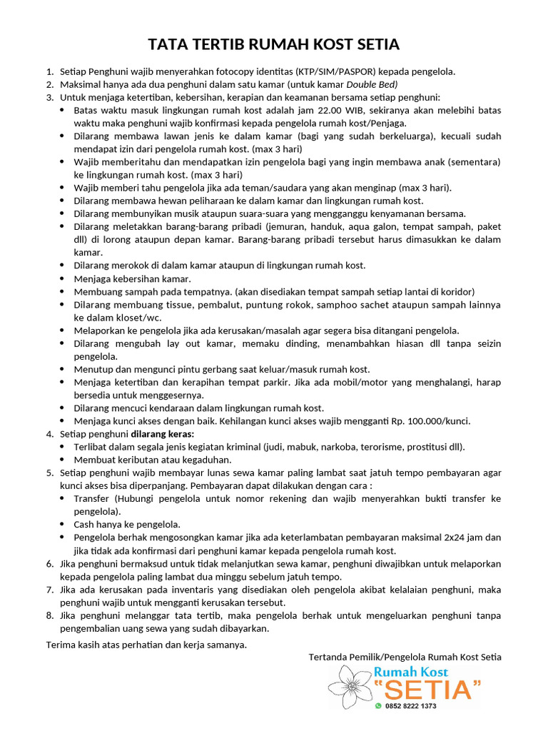 Tata Tertib Penghuni Kost Setia | PDF