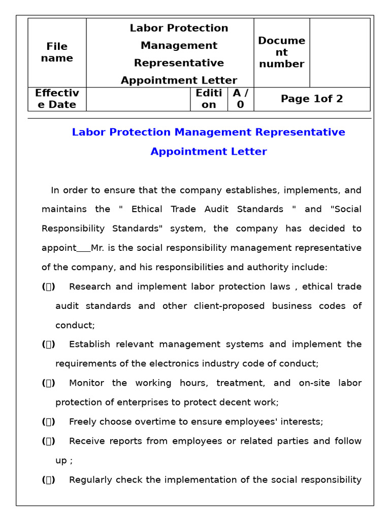 Labor Protection Management Representative Appointment Letter | PDF