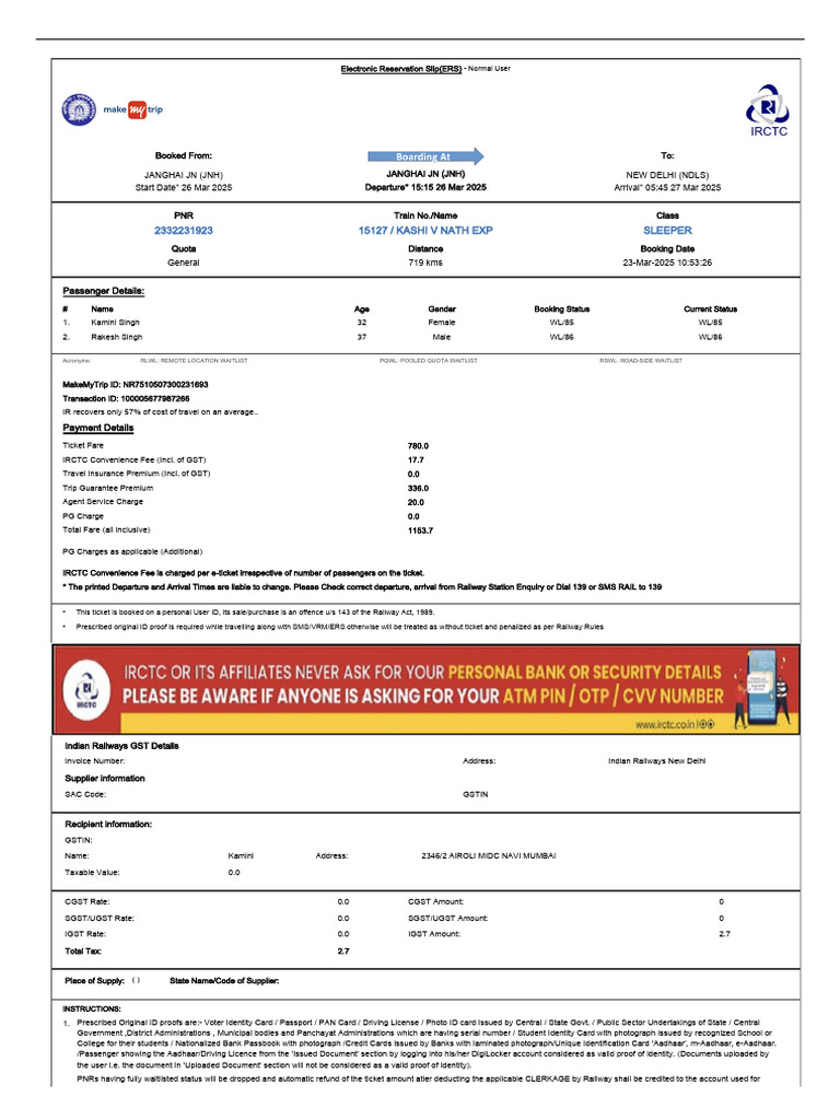 NR7510507300231693 RailBookingE-TicketMail | PDF | Identity Document ...