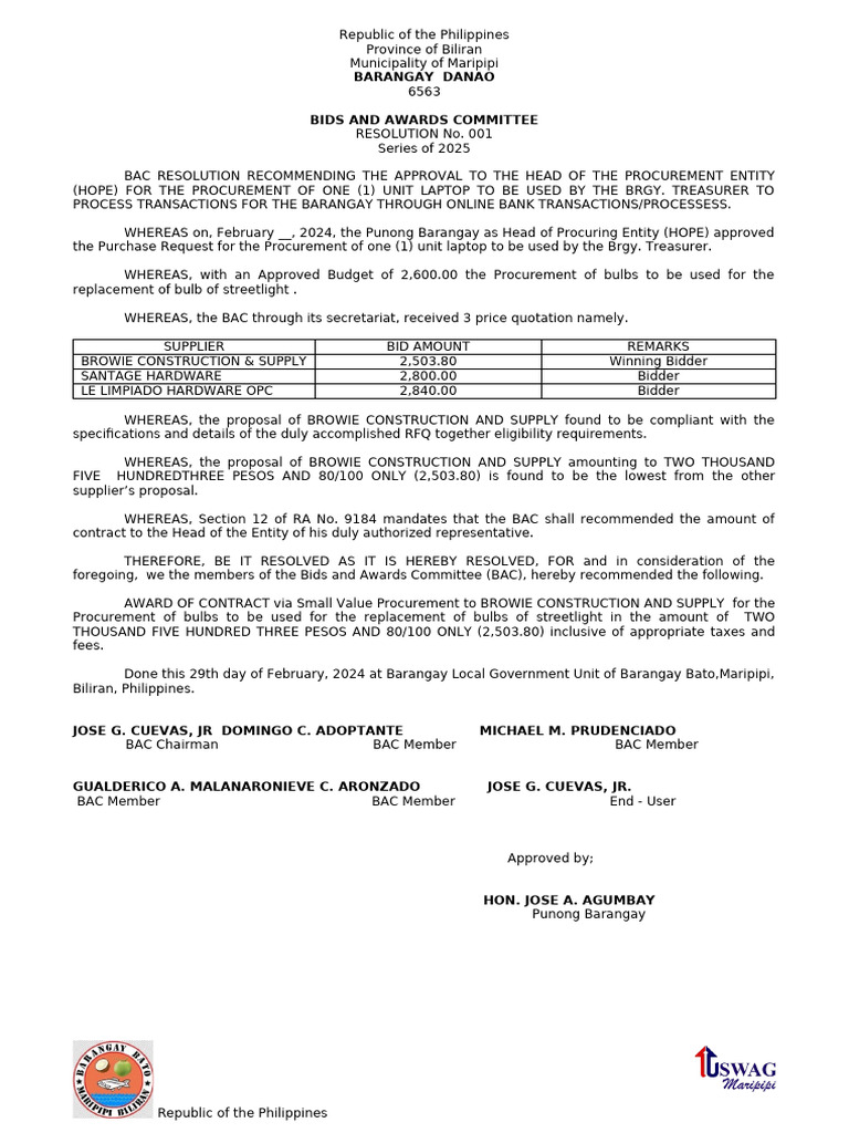 BAC Resolution New Abstract A | PDF | Procurement