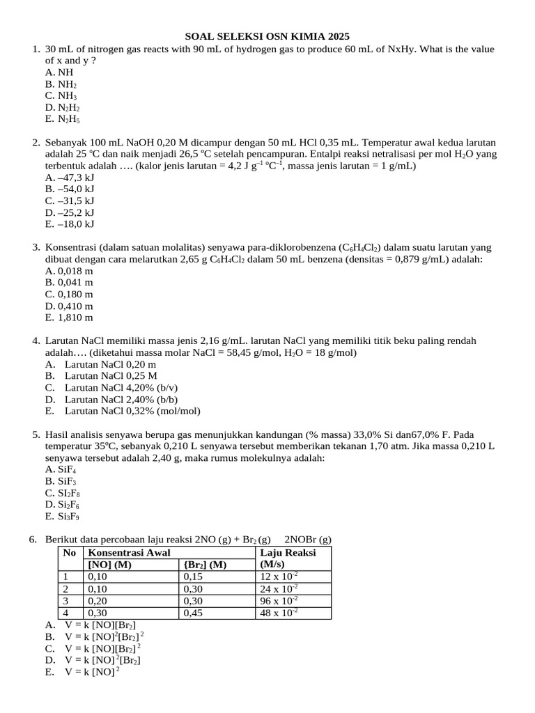 Soal Seleksi Osn Kimia 2025 | PDF
