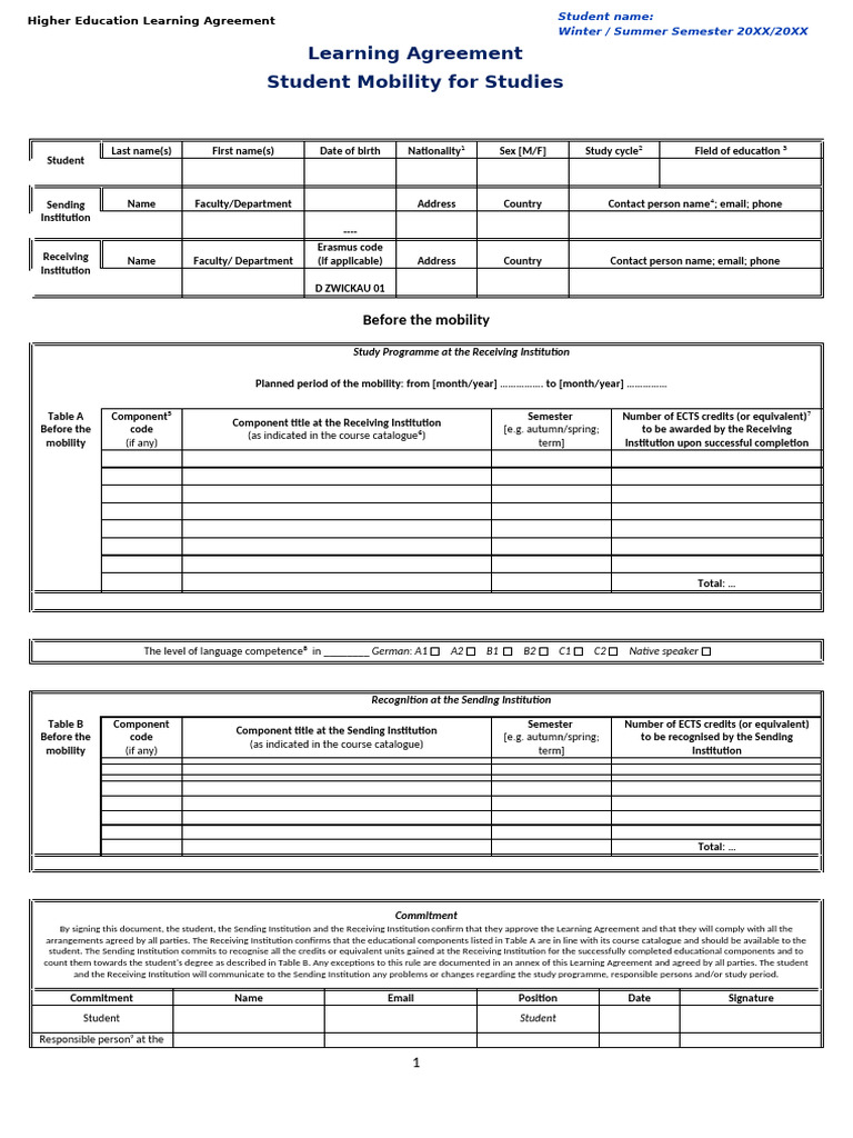Learning Agreement EN Neutral Incoming | PDF | Academic Degree | Educational Stages