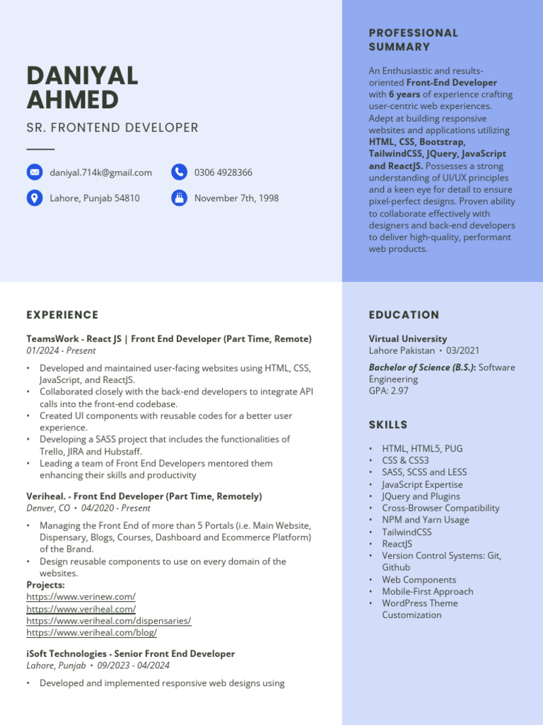 Daniyal Front End Developer 2024 | PDF | J Query | Web Design