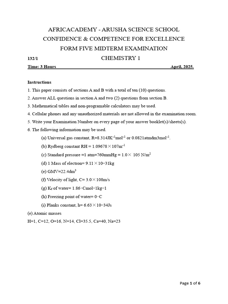 Form Five Chemistry Midterm Exam 2025 | PDF | Ethanol | Atoms