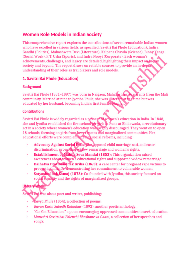 Indian Women Role Models in Society | PDF