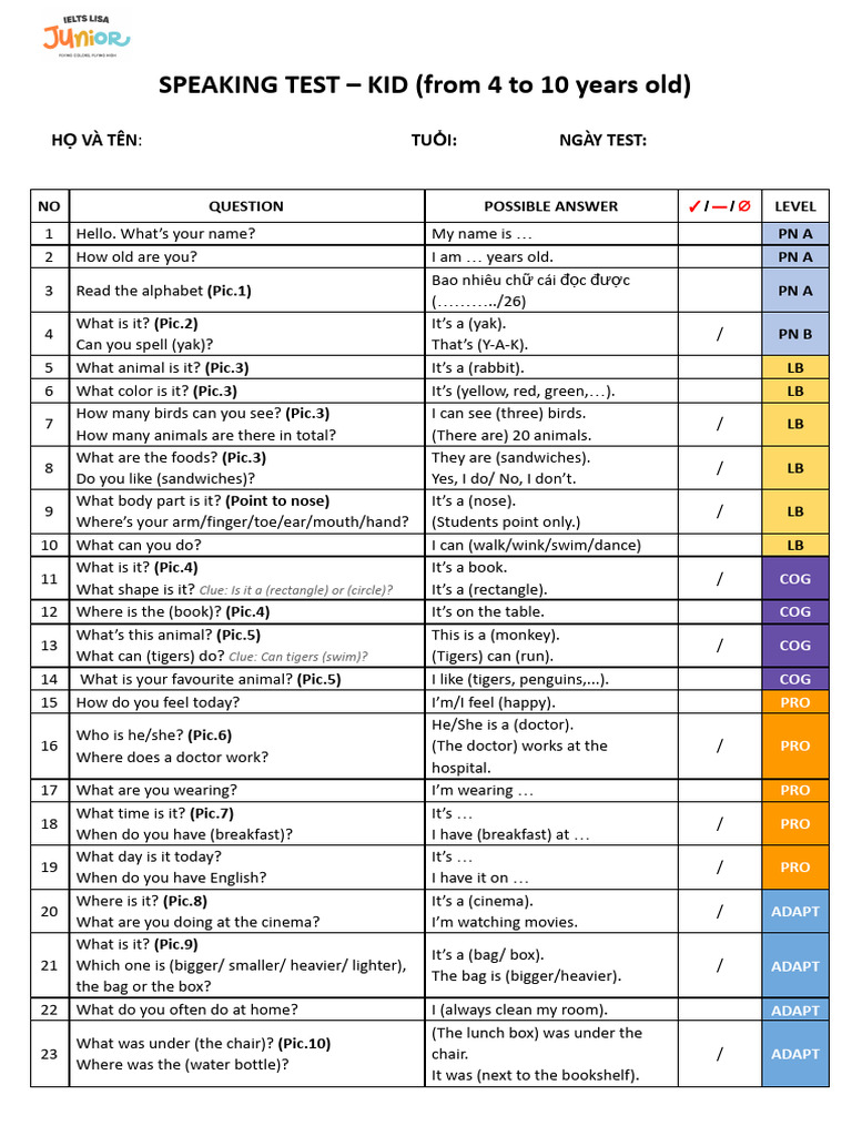 Speaking Test for Children 4-10 | PDF