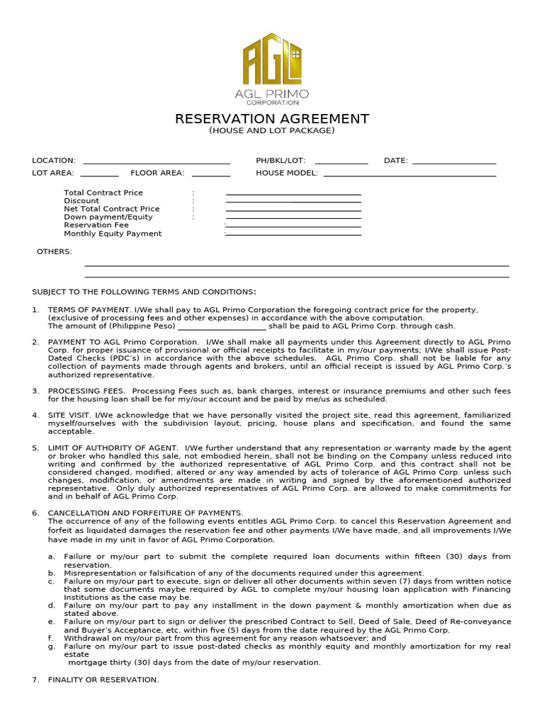 House and Lot Reservation Agreement | PDF | Payments | Fee