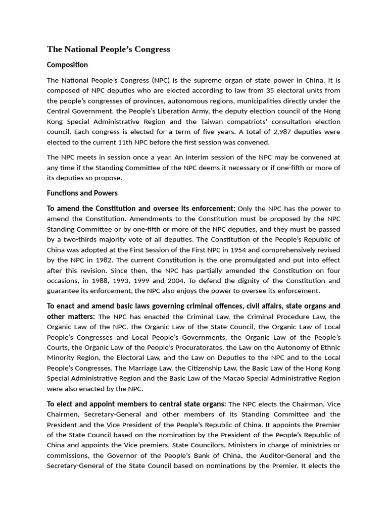 Functions and Powers of China's NPC | PDF | Special Administrative ...