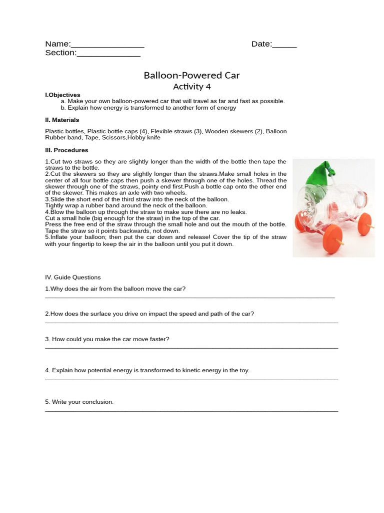 Balloon Powered Car PE KE Activity | PDF