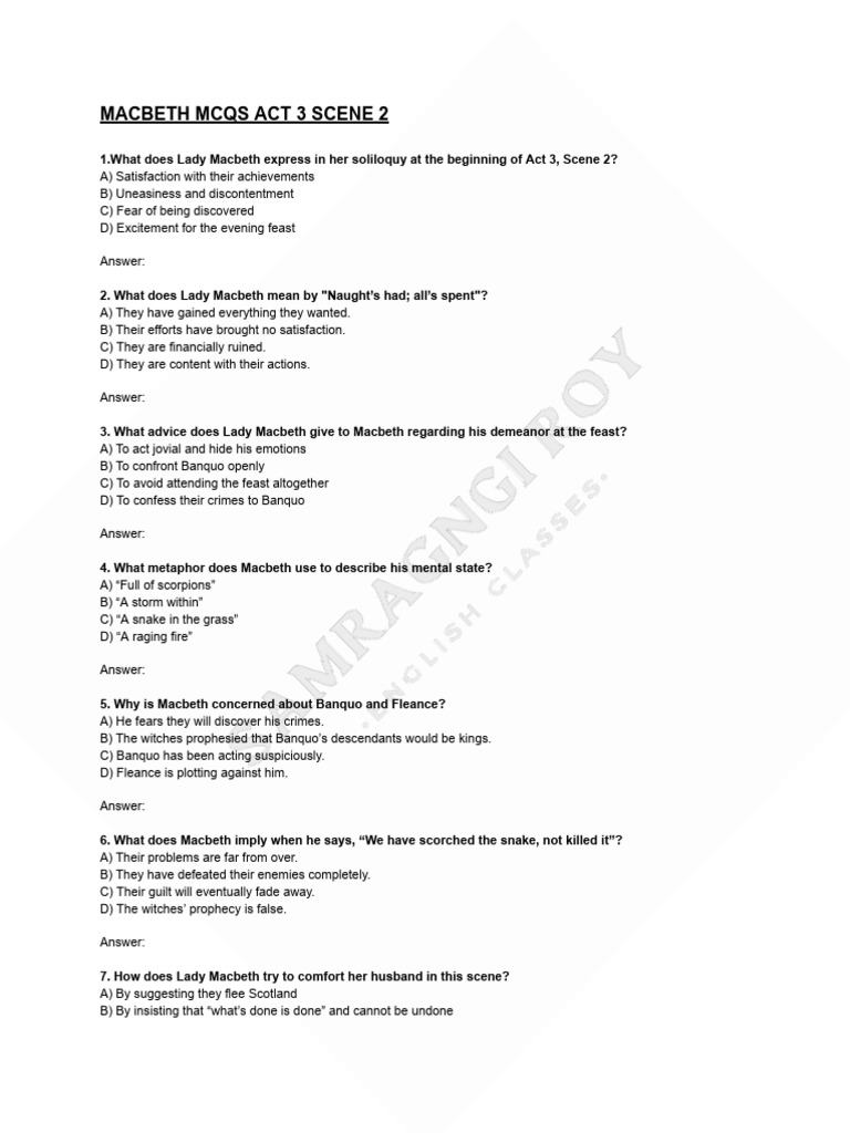 Macbeth MCQS Act 3 Scene 2 | PDF | Macbeth