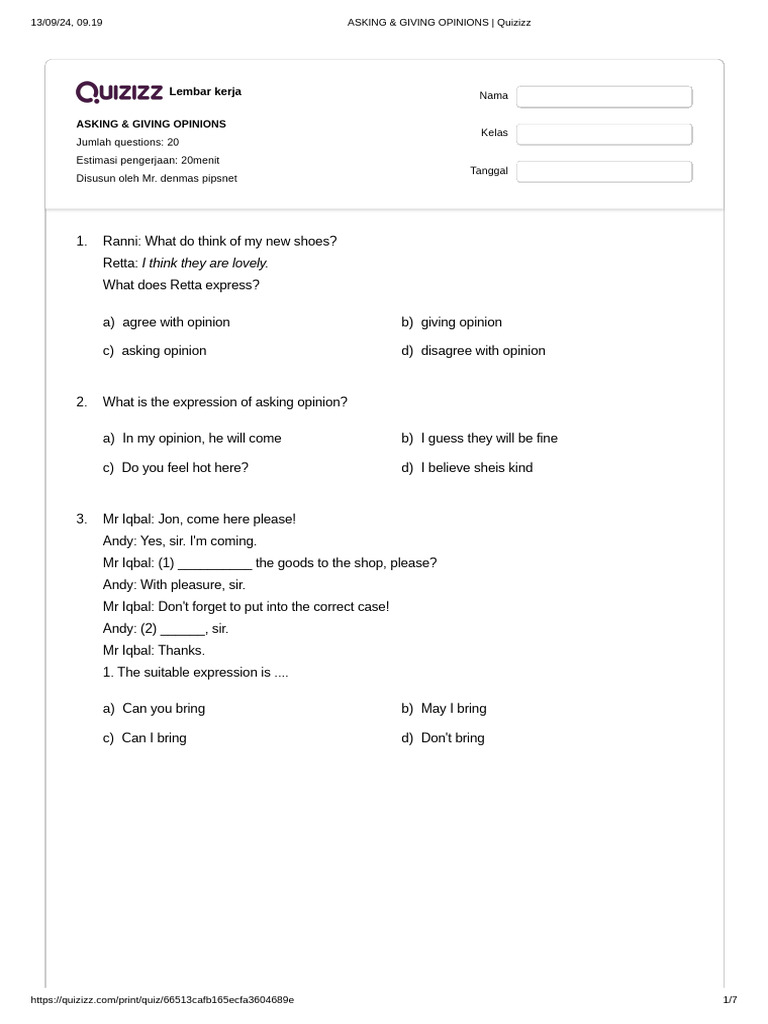 ASKING & GIVING OPINIONS - Quizizz | PDF