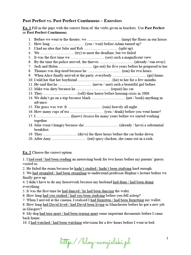 Past Perfect vs. Past Perfect Continuous Exercises 1 | PDF