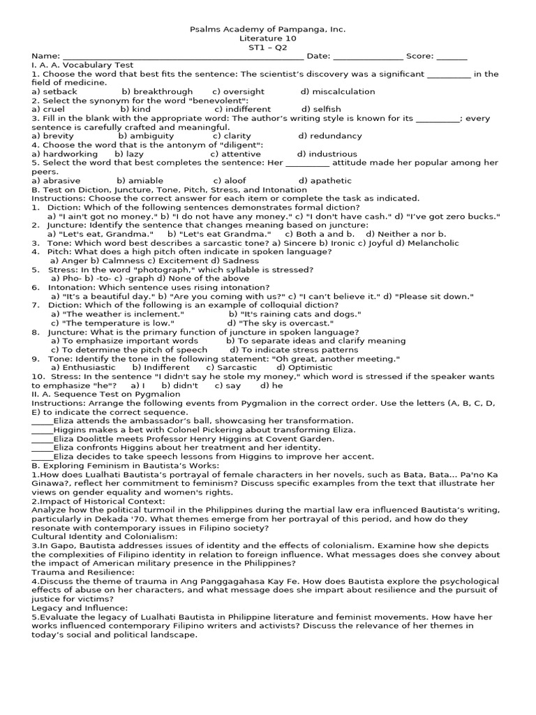 Literature 10 Vocabulary and Analysis Test | PDF | Feminism | Gender ...