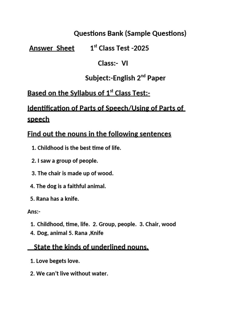 1st Class English Test Question Bank | PDF | Adjective | Noun