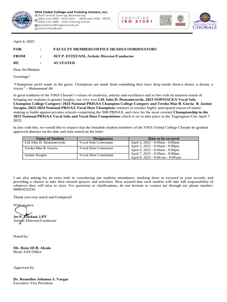 National Nir Prisaa 2025 Excuse Letter | PDF