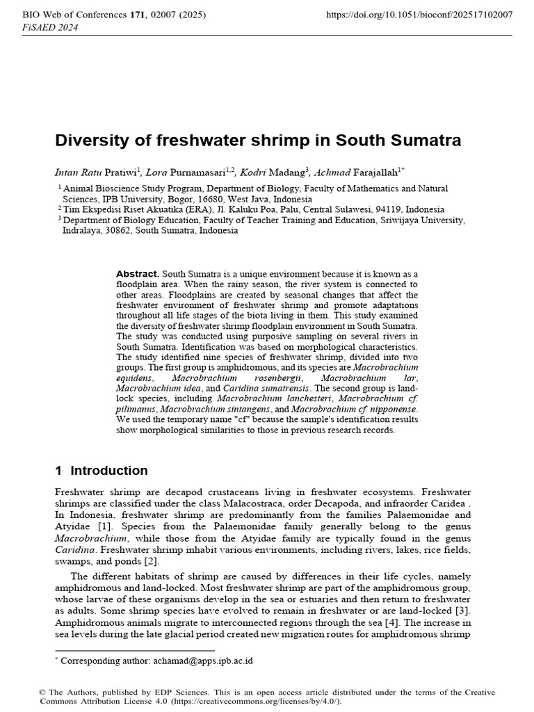 Diversity of Freshwater Shrimp in South Sumatra | PDF | Habitat ...