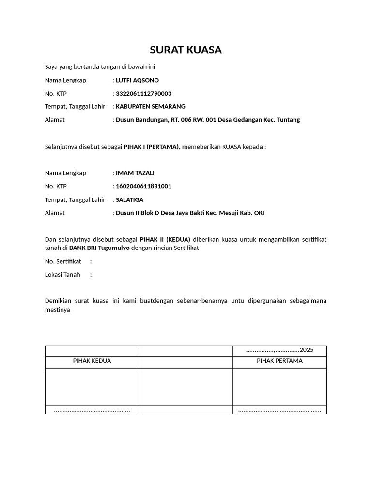 Surat Kuasa Pengambilan Sertifikat Tanah | PDF