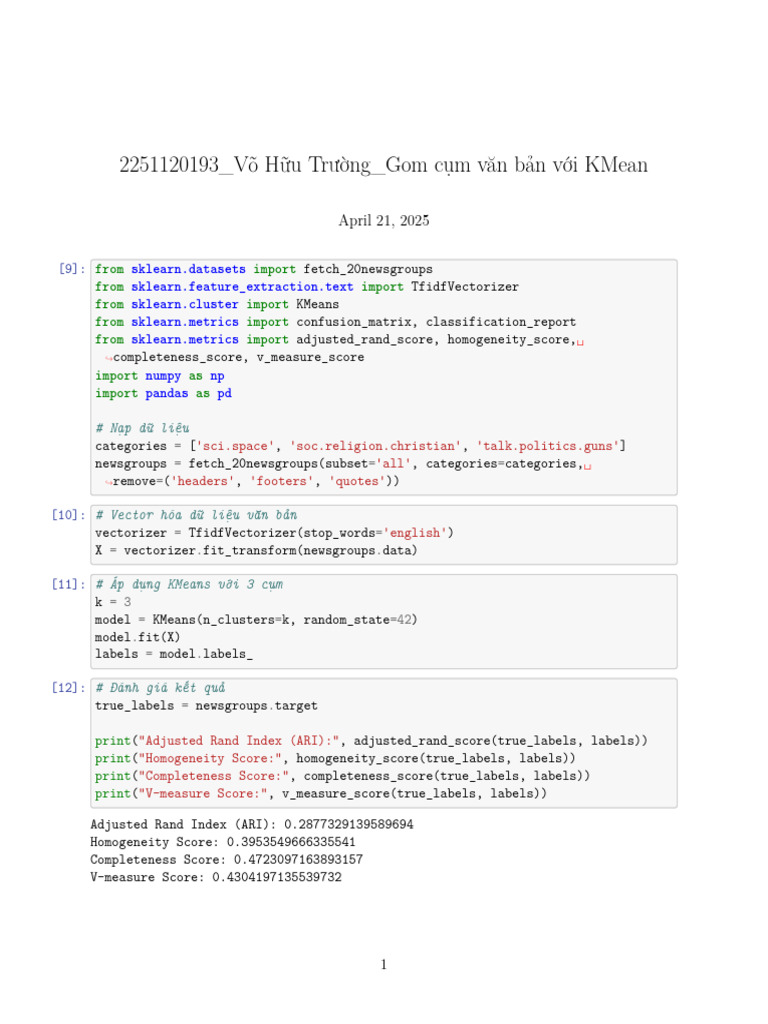 2251120193 - Võ Hữu Trường - Gom Cụm Văn Bản Với KMean | PDF