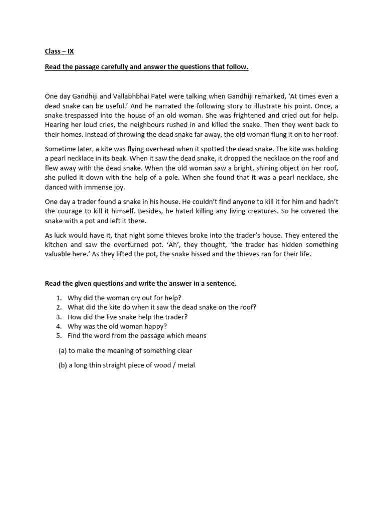 Unseen Passage For Class 9 | PDF