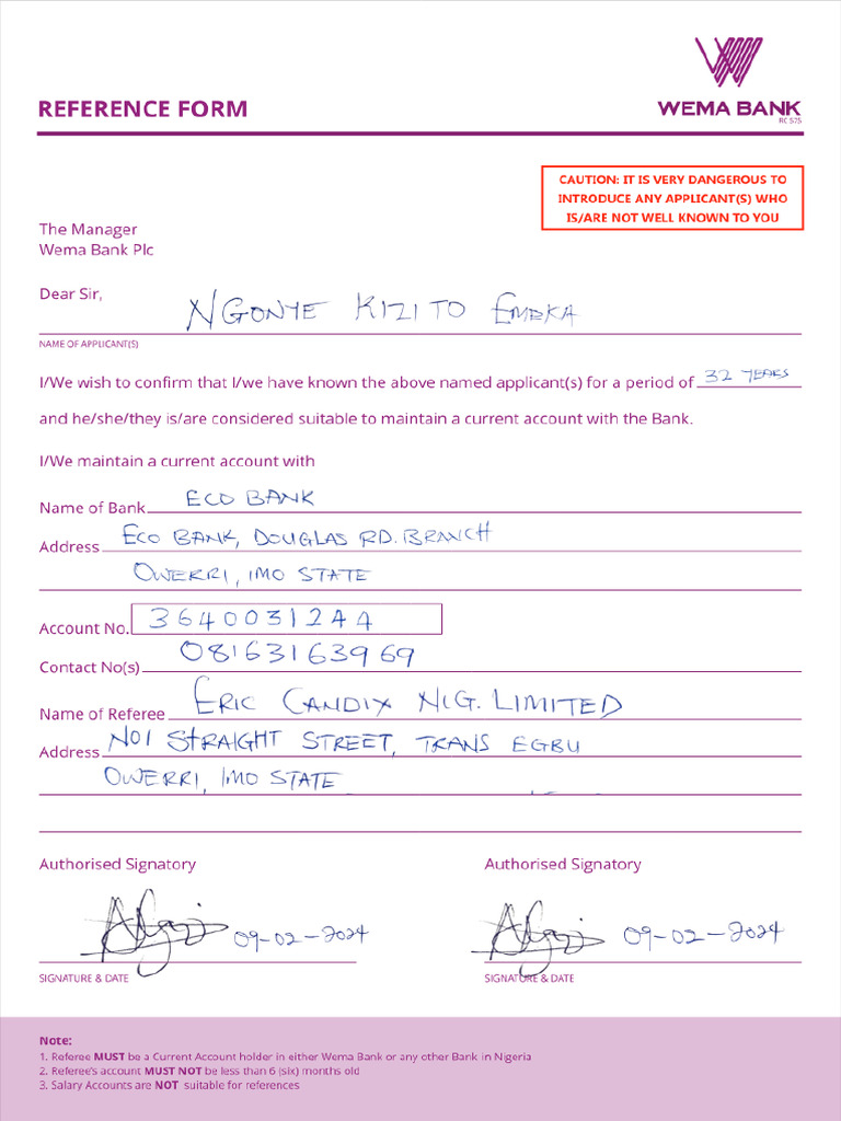 Wemabank Reference Form (1) | PDF