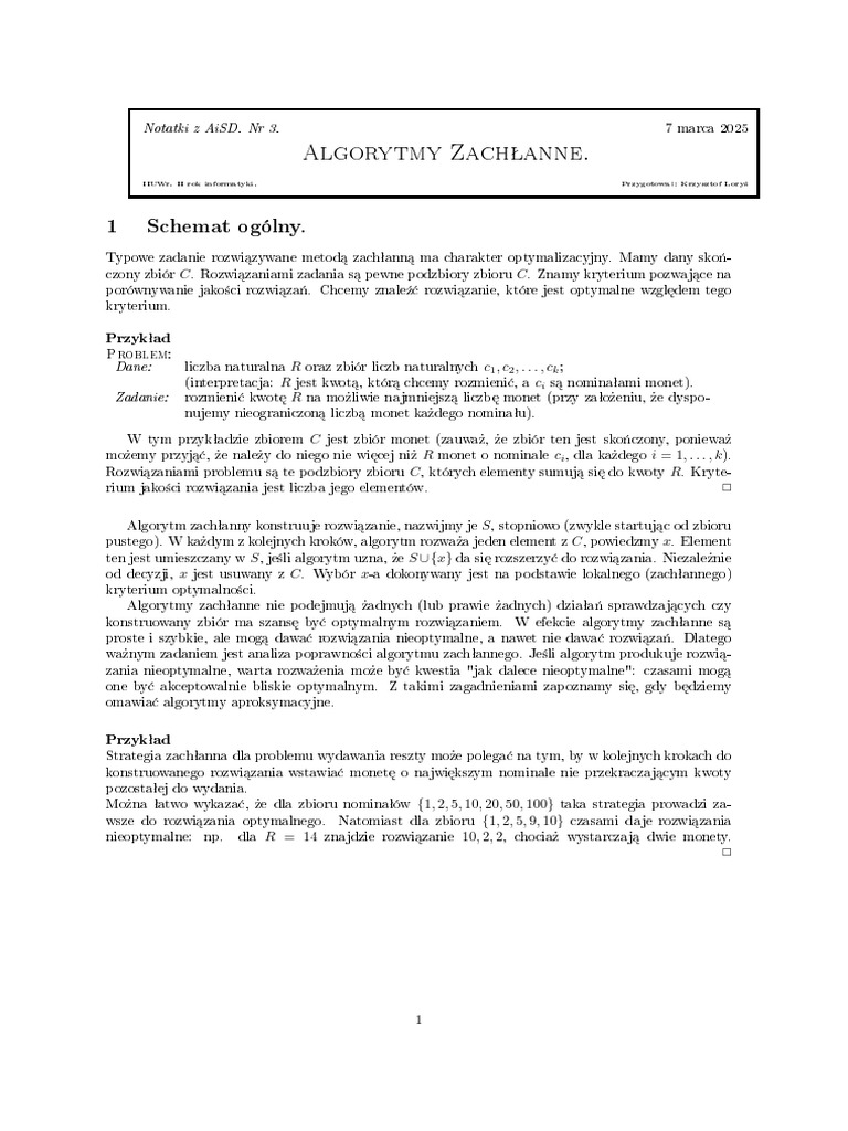 Notatka 3 Algorytmy Zachłanne | PDF