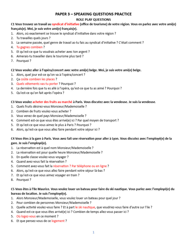 P3 - Speaking Practice Questions For Revision 2025 | PDF
