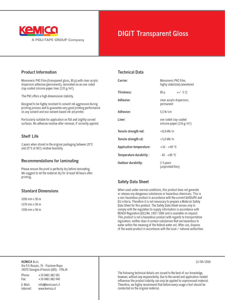 Digiprint Premium 000g Fisa Tehnica en | PDF | Adhesive | Silicone