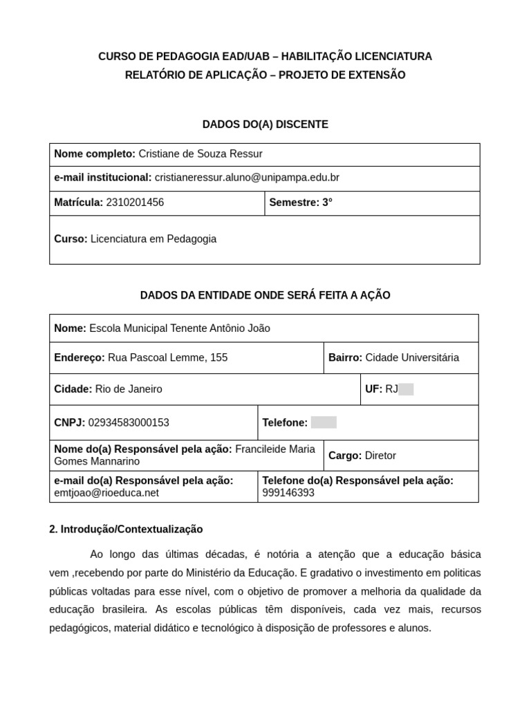 Modelo - Relatório - Final-1 Cristiane de Souza Ressur | PDF ...