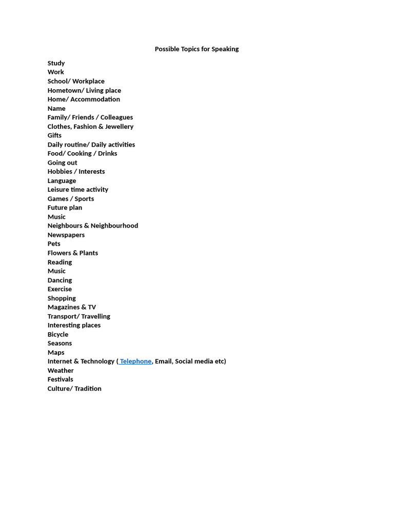 Possible Topics For Speaking | PDF