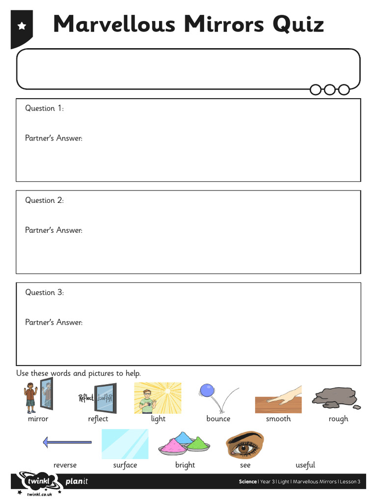 Year 3 Marvellous Mirrors Quiz | PDF | Mirror | Optical Materials