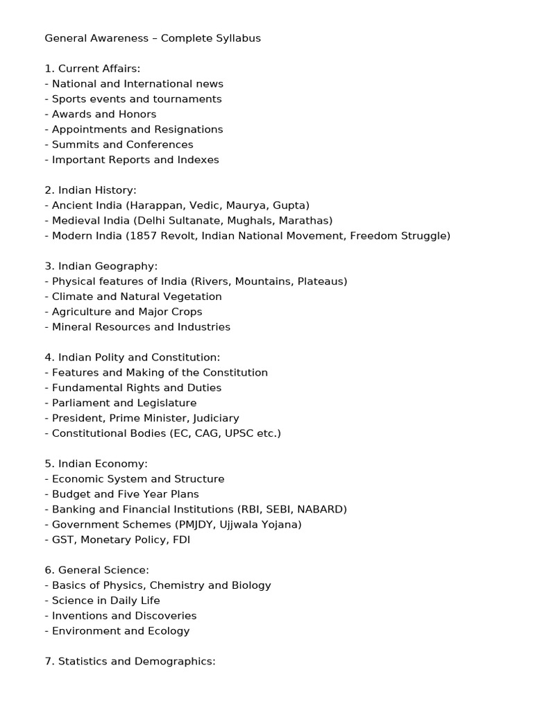 General Awareness Syllabus Overview | PDF