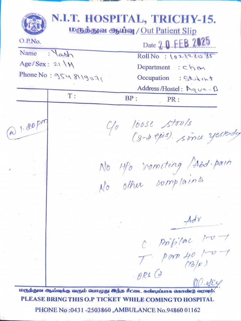 Outpatient Slip for N.I.T. Hospital Trichy | PDF