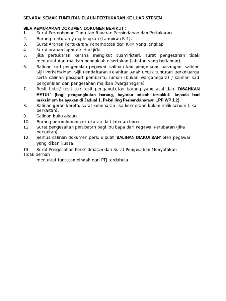 Senarai Semak Tuntutan Elaun Pertukaran | PDF
