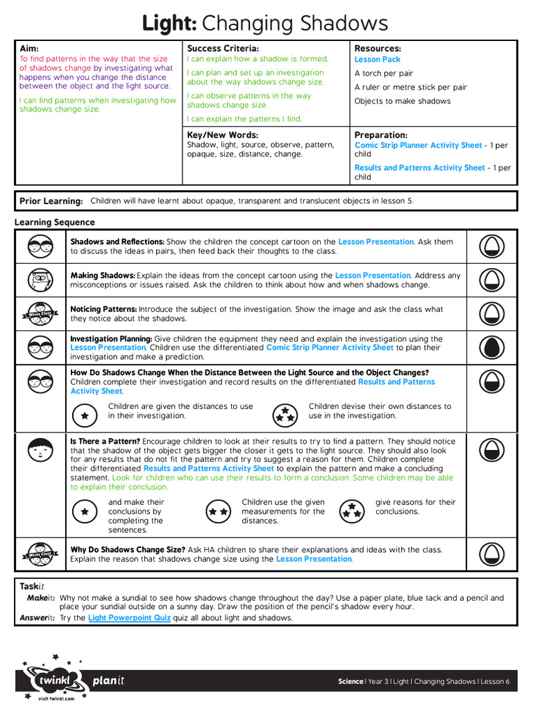 Lesson Plan Changing Shadows | PDF | Shadow | Light