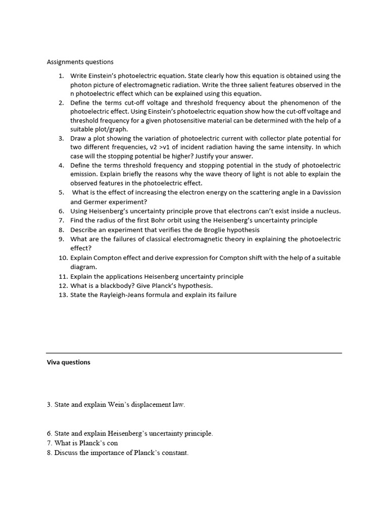 Assignments and Viva Questions | PDF | Photoelectric Effect | Uncertainty Principle